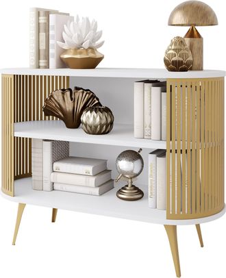 Mirjan24 Kommode mit Ablage Rajkon, Ovale Form, Beine aus Metall, Modernes Sideboard, Highboard, Anrichte, Mehrzweckschrank (Arktisches Weiß, Gold)