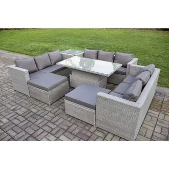 Fimous Polyrattan Gartenm&ouml;bel Set mit 2 Sofa, H&ouml;he verstellbar Esstisch und Beistelltisch, 2 Hocker Outdoor Terrassen Essgruppe Helles Grau - Fimous
