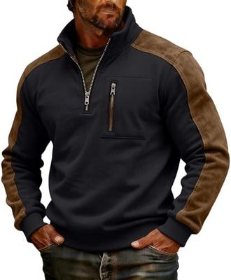 Generic Sweat-shirt en daim pour homme chaud avec fermeture éclair 1/4 - Col montant - Pull à manches longues - Confortable - Surdimensionné - Haut patchwork 