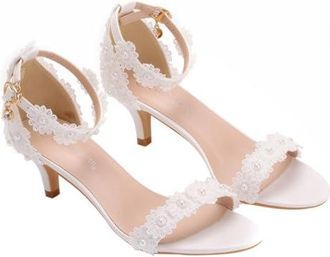 Garneck Sandales &agrave; Talons Blanches pour Mariage avec Dentelle Chaussures &Eacute;l&eacute;gantes Pointues pour Femmes