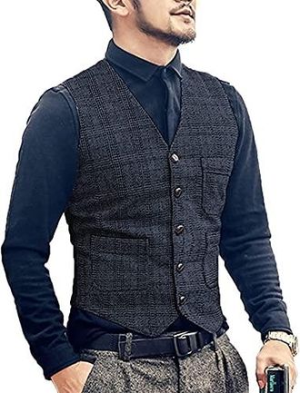 Solovedress Gilet Costume Homme Vintage Sans Manche Mariage Tweed Col V Gilets(Marine, M)