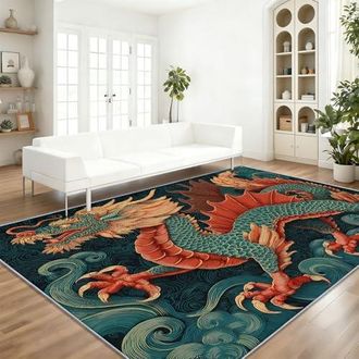 Generic Tapis de Salon Chambre Salle &agrave; Manger Adulte Bureau Design Dragons Traditionnels Chinois Poil Court Fin Doux L&eacute;ger R&eacute;sistant 140 x 200 cm, Orange Cyan