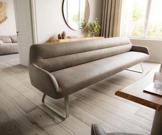 DELIFE Esszimmerbank Taya-Flex 300 cm Mikrofaser Taupe Vintage Kufengestell flach Effektfinish Titan Taschenfederkern, B&auml;nke