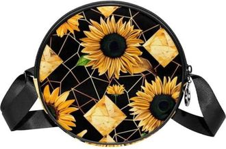 Generic Petit sac &agrave; bandouli&egrave;re rond pour femme, motif tournesol avec fermeture &eacute;clair, bretelles r&eacute;glables, style d&eacute;contract&eacute;, pour femmes et filles