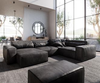 DELIFE Wohnlandschaft Sirpio 300x210 cm Lederimitat Vintage Anthrazit Recamiere variabel mit Hocker, Wohnlandschaften