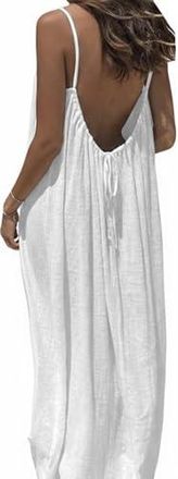 Generic Robe caraco dos nu de couleur unie pour femme, robe longue &agrave; bretelles spaghetti, robe d&eacute;t&eacute; longue avec noeud dans le dos, pour les vacances &agrave; la plag