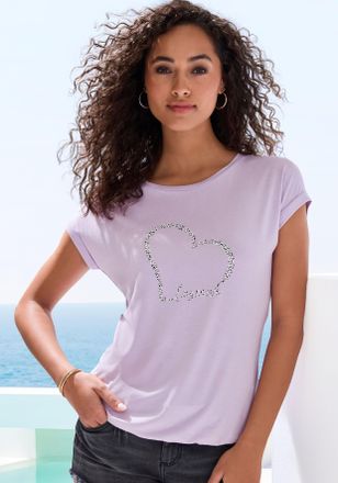 Lascana Kurzarmshirt LASCANA mit Lascana Herz Print, Damen, Gr. 32/34, lila, Single Jersey, Obermaterial: 95% Viskose (Birla), 5% Elasthan, bedruckt, figurums
