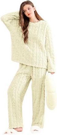 Power Flower Ensemble Pyjama en Polaire Douce pour Femme - Pull et Pantalon Amples en Peluche, Ensemble de Nuit Confortable 2 pi&egrave;ces pour lHiver (S-M, LY217-Green)