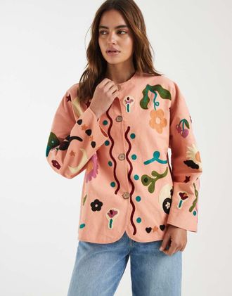 Asos Veste brod&eacute;e sans col - P&ecirc;che-Rose