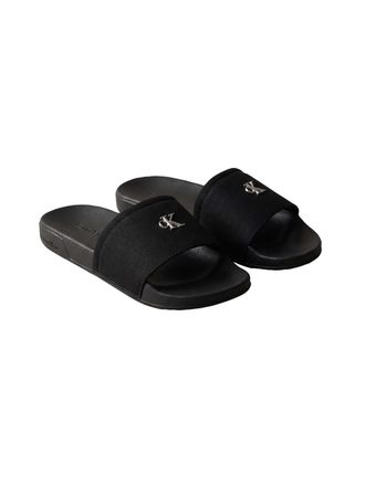 Calvin Klein Pantolette CALVIN KLEIN ESS SLIDE CANVAS HDW, Damen, Gr. 36, schwarz, Textil, Basic, Schuhe Pantolette, Strandschuh, Badeschuh, Flat mit Logo