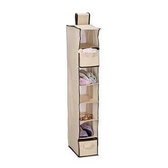 Relaxdays Hängeregal Kleiderschrank, 7 Fächer, Stoff, H x B x T: 106 x 16,5 x 31 cm, 2 Schübe, Kleiderorganizer, beige