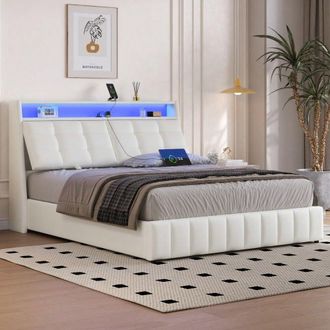 Generic Plattformbett mit LED und USB 160x200 - Integrierter Stauraum, Verstellbarer Bettkopf und wei&szlig;es Steppdesign (Silent der Matratze)