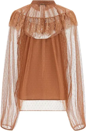Twin-Set Tulle Plumetis with Lace Flounce Blouse - Caramel