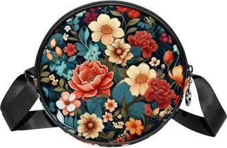 Generic Petit sac &agrave; bandouli&egrave;re circulaire pour femme, motif feuilles florales, sac &agrave; dos avec fermeture &eacute;clair, bretelles r&eacute;glables, sac &agrave; main rond d&eacute;contra