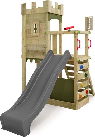 Fatmoose Spielturm Ritterburg BoldBaron Boost XXL mit anthraziter Rutsche, Outdoor Kinder Kletterturm mit Sandkasten Leiter & Spiel-Zubehör für den Garten