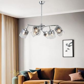 Opviq Elegant Chrome Chandelier, Metal Body, Adjustable Height 57-79 cm, Ø10 Glass Cap, 6 x E27 Socket, Modern Lighting for Home & Office Décor