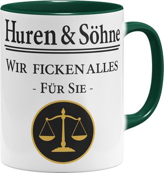 OM3 Anwalt Kaffee-Tasse mit Spruch - Huren & S&ouml;hne - Lustige Jura Spruch f&uuml;r Studenten & Juristen - Keramik Becher - 325ml - Beidseitig Bedruckt - Gr&uuml;n