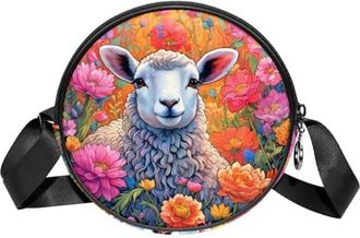 Generic Petit sac &agrave; bandouli&egrave;re rond pour femme, motif mouton color&eacute; avec fermeture &eacute;clair, bretelles r&eacute;glables, sac &agrave; main rond d&eacute;contract&eacute; pour femmes et fi