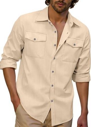 Generic Chemise de plage boutonn&eacute;e &agrave; manches longues en lin avec poches pour homme, abricot, XXL
