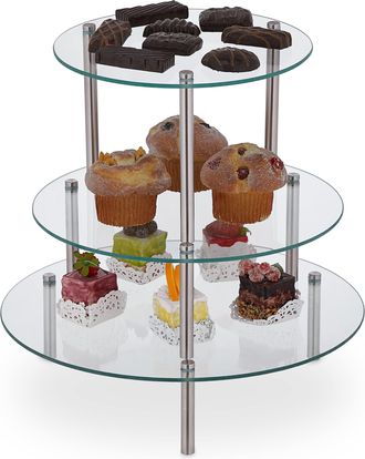 Relaxdays Tortenst&auml;nder, stapelbar, 3 Gr&ouml;&szlig;en, f&uuml;r kleine Kuchen, Desserts & Cupcakes, runde Kuchenst&auml;nder, transparent