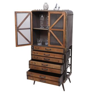 Mendler Hochschrank HWC-F91, Apothekerschrank Wohnzimmerschrank, Industrial Tanne Holz Metall 128x60x33cm, braun-schwarz