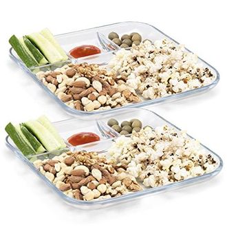 Navaris Lot Assiettes divisées - 2X Assiette Snack avec Compartiment portions 25,4 x 25,4 x 2,8 cm en Verre trempé - Micro-Onde Lave-Vaisselle
