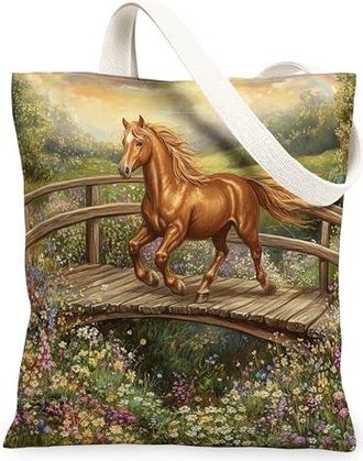 Generic Sac fourre-tout en toile motif cheval printanier pour faire du shopping, 33 x 38,1 cm, sac d&eacute;picerie r&eacute;utilisable pour femme, motif floral, paysage, p