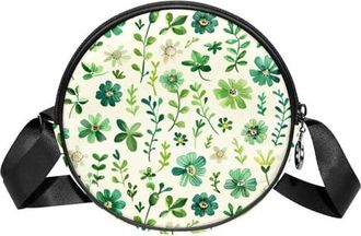 Generic Sac &agrave; bandouli&egrave;re rond pour femme, motif feuilles vertes, fleurs, petit sac &agrave; bandouli&egrave;re avec fermeture &eacute;clair, bretelles r&eacute;glables, sac &agrave; main rond 