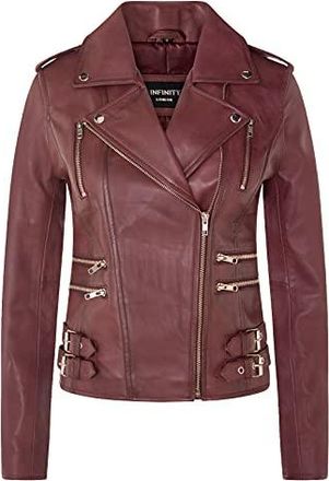 Infinity Leather Veste Motard Bourgogne Rétro 100% Cuir Dames 4XL