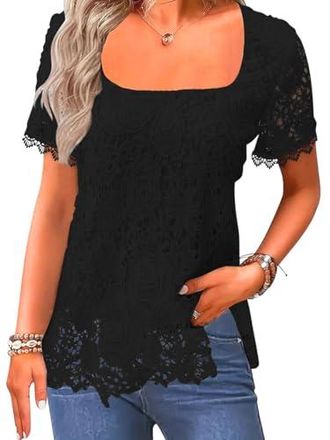 TOMWELL Femme Tee Shirt Dentelle Couleur Unie Manches Courtes Loisirs D&eacute;t&eacute; Chemisier en Dentelle Blouse D&eacute;contract&eacute; en Dentelle Tops Chemisiers C Noir 3XL