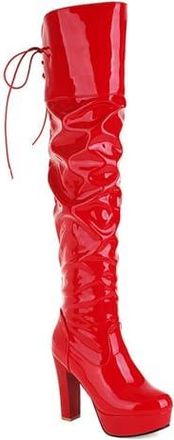 Generic Bottes pliss&eacute;es au-dessus du genou &agrave; lacets pour femme Talon &eacute;pais Plateforme Bout rond Cuisse Haute Mode Hiver F&ecirc;te Chaussures de discoth&egrave;que, Rouge,