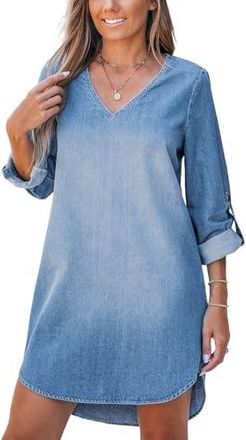 Cupshe Mini robe en jean à manches longues et col en V pour femme avec poignets enroulés, bleu marine, L
