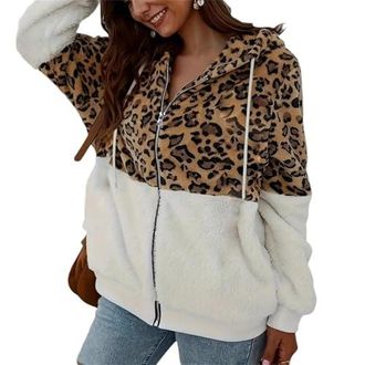 Generic 2025 Sweat &agrave; capuche dhiver en flanelle imprim&eacute; l&eacute;opard patchwork pour femmes, veste polaire surdimensionn&eacute;e pour femmes, v&ecirc;tements dhiver, blanc, L