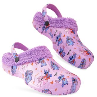 Disney Stitch Clogs Hausschuhe Damen Gartenschuhe Gefüttert mit oder ohne Abnehmbaren Ansteckern Geschenk für Frauen (Violett Stitch, 37/38 EU)