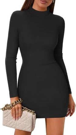 Zeagoo Robes Bodycon pour Femmes Robe à Manches Longues et Col Roule Robe Mini Élégante Automne Hiver Noir XL