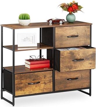 Relaxdays Kommode Industrial, HBT: 71,5 x 84 x 32,5 cm, Stoff, Metall, Holzoptik, 4 Schubladen, Sideboard, braun/schwarz
