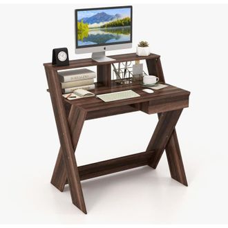 Costway Costway - Computertisch mit Schublade, Schreibtisch mit Monitorerh&ouml;hung, Arbeitstisch X-f&ouml;rmig, aus Holz, f&uuml;r kleine R&auml;ume Zuhause und im B&uuml;ro, 90 x