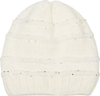 styleBREAKER Chapeau dhiver en Tricot à Paillettes pour Femmes, Ouverture pour Queue de Cheval et Doublure en Laine Polaire Thermique, Bonnet 04024177, Couleur:Crè