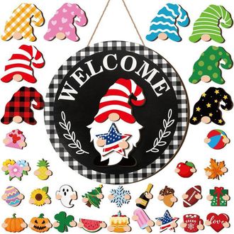 Generico Auswechselbares Willkommensschild aus Holz, auswechselbares Saisonschild aus Holz, Heimdekoration mit magnetischen Teilen und abnehmbaren H&uuml;ten, f&uuml;r W