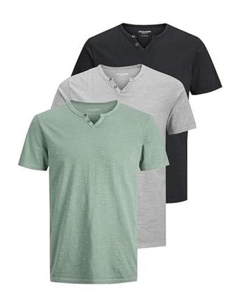 Jack & Jones JJESPLIT T-Shirt Basique pour Homme, col en V, Manches Courtes, en Jersey de Coton, avec Boutons, Lot de 3 (Pack C : Vert Sombre, Crockery, Noir), XXL