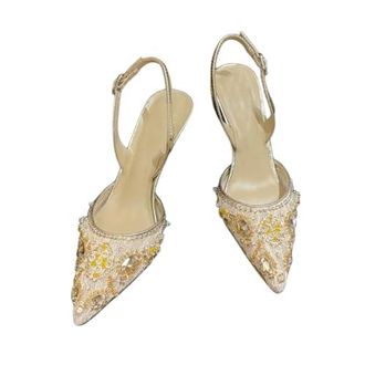 Generic YUJIEBB Sandales &agrave; talons hauts style f&eacute;e &agrave; talons fins pointus Chaussures en maille strass Chaussures de mariage argent&eacute;es, Or 6 cm, 35.5 EU