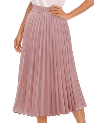 Dresstells Plissee Rock Damen Chiffon Maxi Langer Faltenrock A-Linie Hohe Taille Festlicher Midi-Rock Casual Strandrock Blush 2XL