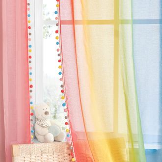 Nicetown Kinderzimmer Vorhänge mit Bunten Pompons Voile Curtains 2er Set H 245 x B 140 cm Regenbogen Farbverlauf Transparent Leinenoptik Gardinen mit Ösen Deko