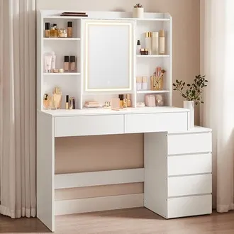 Vasagle Kailyn Collection - Coiffeuse, Grand Miroir LED à Luminosité Réglable, Table de Maquillage, 40 x 117,5 x 145 cm, Compartiments Ouverts, Étagères Régla