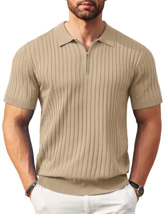 Coofandy Poloshirts f&uuml;r Herren Golf Striped Polo Kurzarmhemd mit Rei&szlig;verschluss Sommer Business Slim Fit M&auml;nner Poloshirt Khaki XXXL