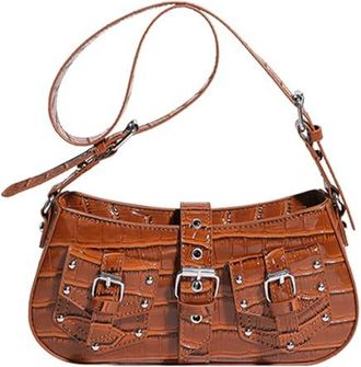 Generic Kexpery Sac &agrave; &Eacute;paules Femme en Cuir PU Style Punk Moto Vintage Boucle R&eacute;tro Sac Bandouli&egrave;re Ajustable Sac Sous le Bras pour Voyage