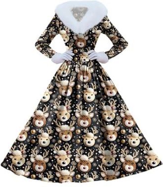 Generic Robe de Noël élégante pour femme - Col en V - Motif sapin de Noël - Robe décontractée - Longueur genou, Noir, XXL