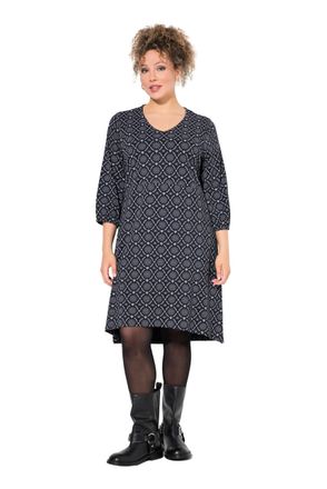 Ulla Popken Damen große Größen Übergrößen Plus Size Jerseykleid, A-Linie, V-Ausschnitt, 3/4-Arm