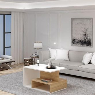 Hanah Home Stylish Coffee Table, White & Oak, 90 x 60 x 48.6 cm | 100% Melamine Coated Particle Board, 18 mm Thick | Modern Design for Living Room & Dining