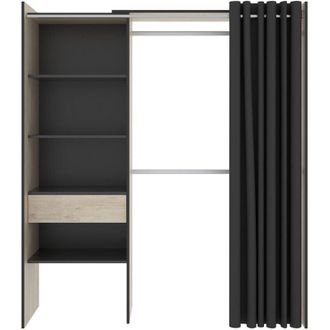 PEGANE Armoire dressing avec penderies, 1 tiroir et 1 rideau coloris ch&ecirc;ne naturel, graphite - Longueur 160 x Profondeur 50 x Hauteur 205 cm